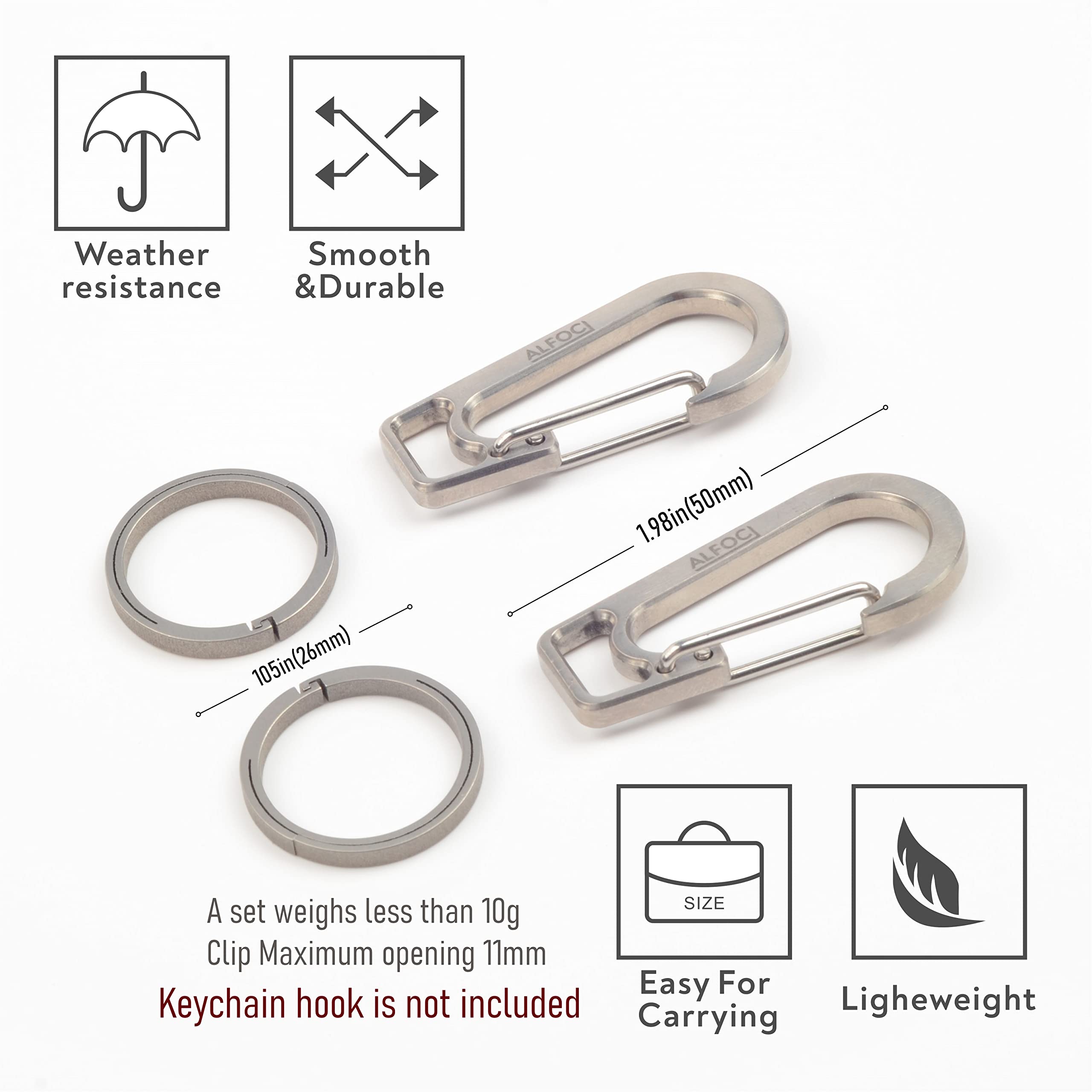 ALFOCI Titanium Quick Release Side Pushing KeyRings 2-Pack Kit, Labor Saving and doesn't use Fingernails, Titanium alloy primary color