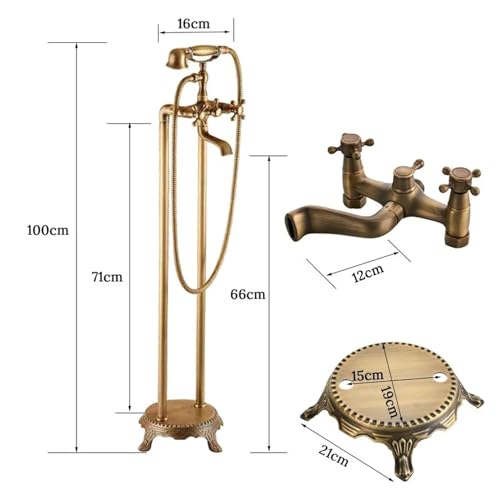 Antique Brass Floor Mounted Bathtub Shower Faucet, Dual Handle Standing Bathroom Faucet ,Brass Swivel Spout 150cm Shower Hose,Kitchen Sink Faucet