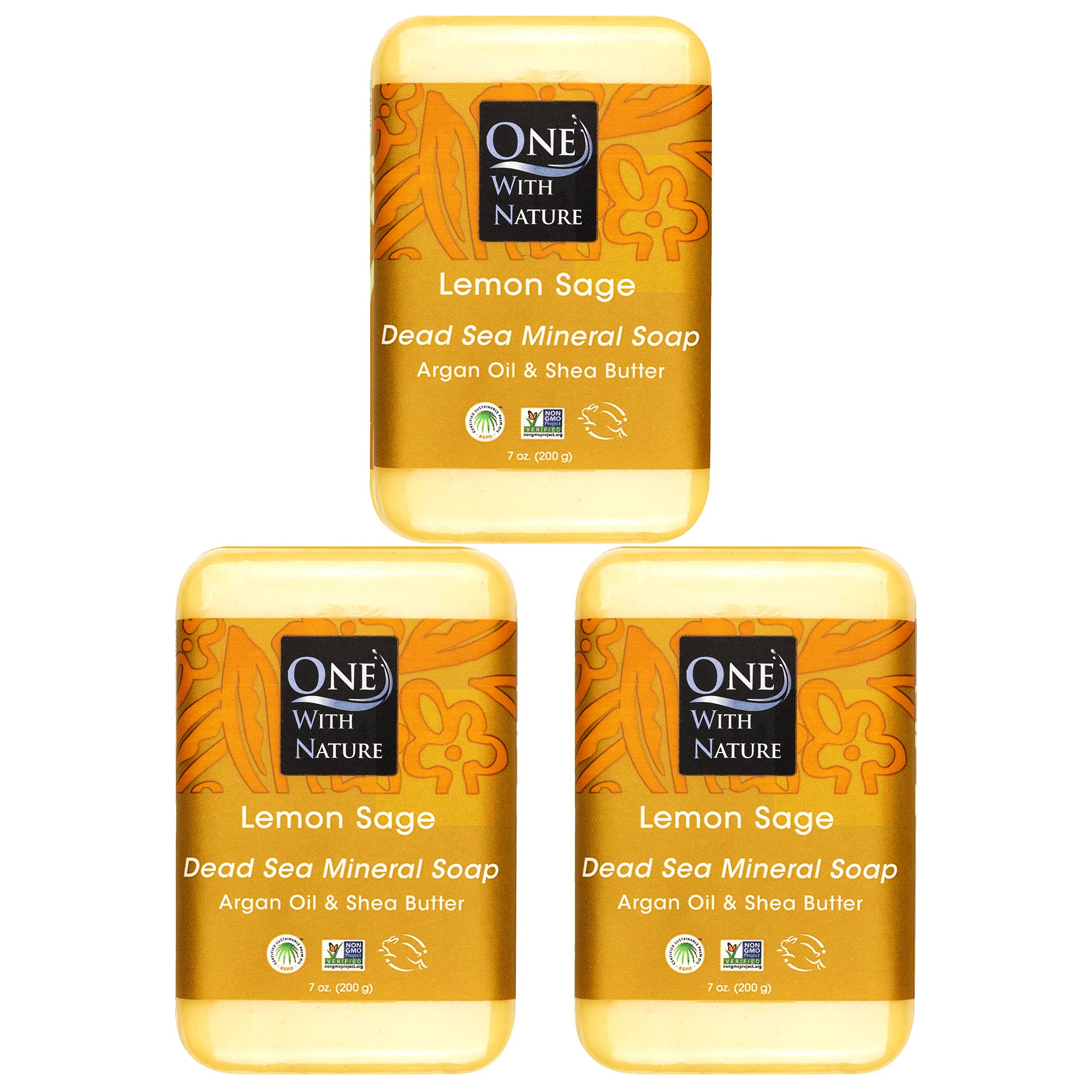 One With Nature Dead Sea Mineral Salt Lemon Sage 7oz Soap 3Pk, Argan Oil & Shea Butter - Dead Sea Salt Contains Magnesium, Sulfur & 21 Essential Minerals - All Skin Types, Acne, Psoriasis, Eczema