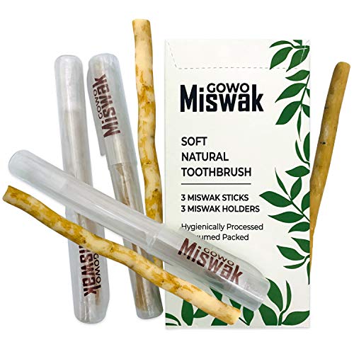 GOWO 3 Pack Miswak Sticks and Holders - Natural Teeth Whitening Kit - Natural Toothbrush - No Toothpaste Needed - Herbal Teeth Whitener and Breath Freshener - (Includes 3 Sticks and 3 Holders)