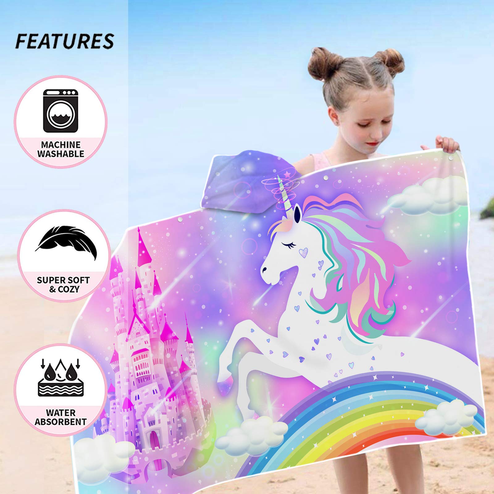 Bonsai Tree Unicorn Hooded Beach Towel for Kids, Cute Rainbow Bath Towel with Hood for Girls, Pink Magic Castle Microfiber Super Absorbent Soft Poncho Bathrobe for Swin Pool 30βx50β