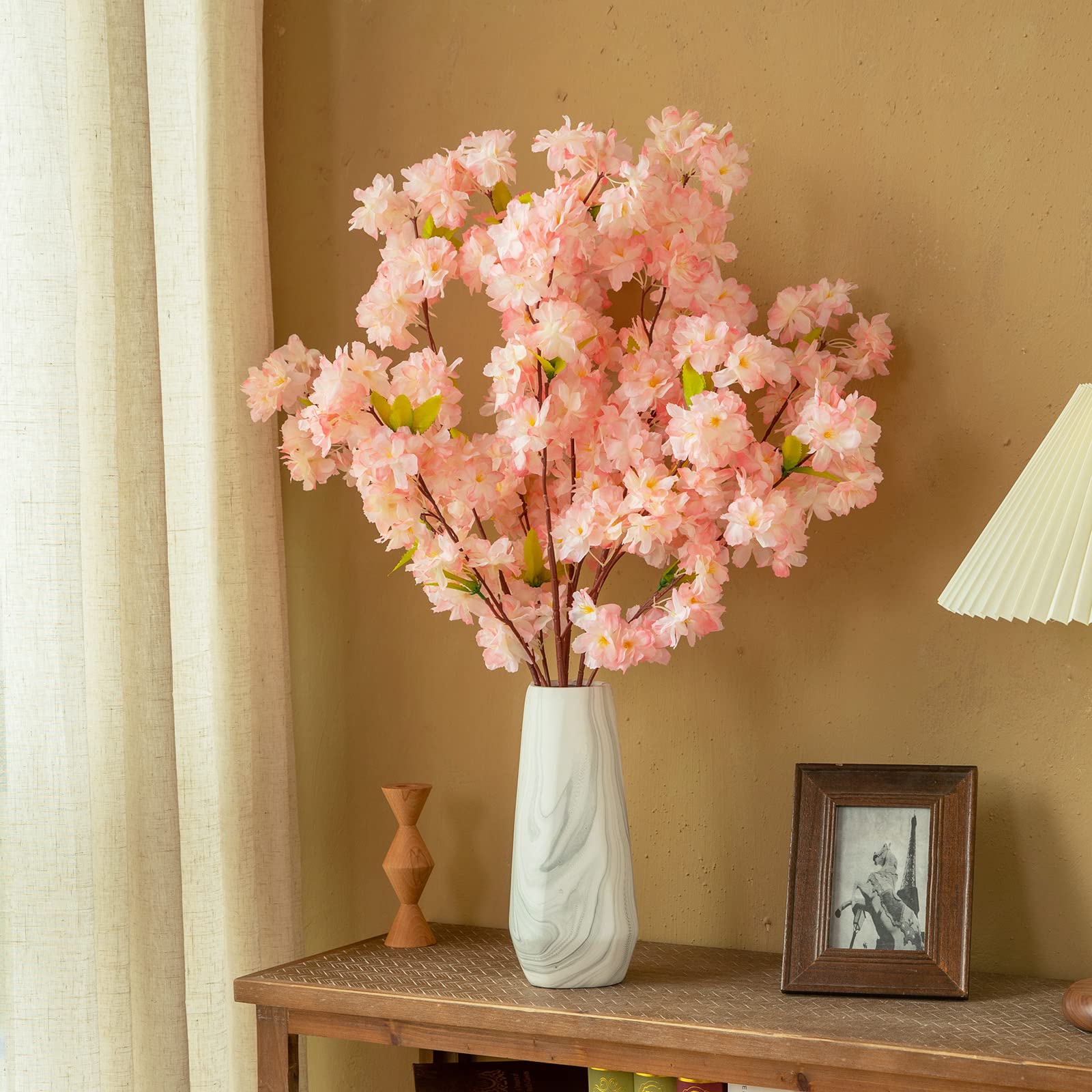 Floralsecret Artificial Cherry Blossom Flowers 4 Branches, 42.25 Inch in White Silk Cherry Blossom for Home Garden Wedding Table Centrepiece Party Event Spring Decor