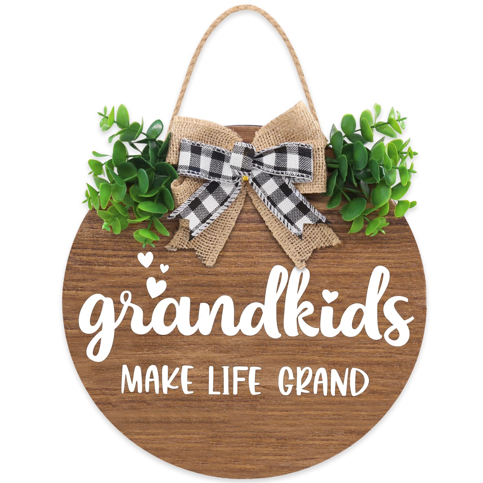 Grandkids Door Wreath with Greenery Bow Grandkids Make Life Grand Porch Hanger Grandkids Sign for Home Decor Farmhouse Front Door Decorations for Grandma & Grandpa from Grandchildren