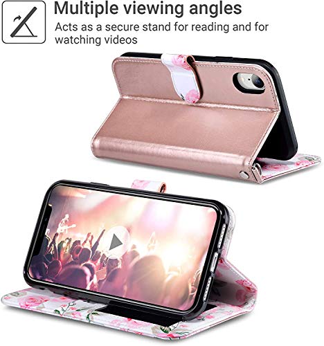 ULAK Compatible with iPhone XR Wallet Case for Women, Premium PU Leather Folio Flip Case with Card Holders Kickstand Wrist Strap, Shockproof Protective Phone Cover for iPhone XR 6.1 inch, Rose Gold