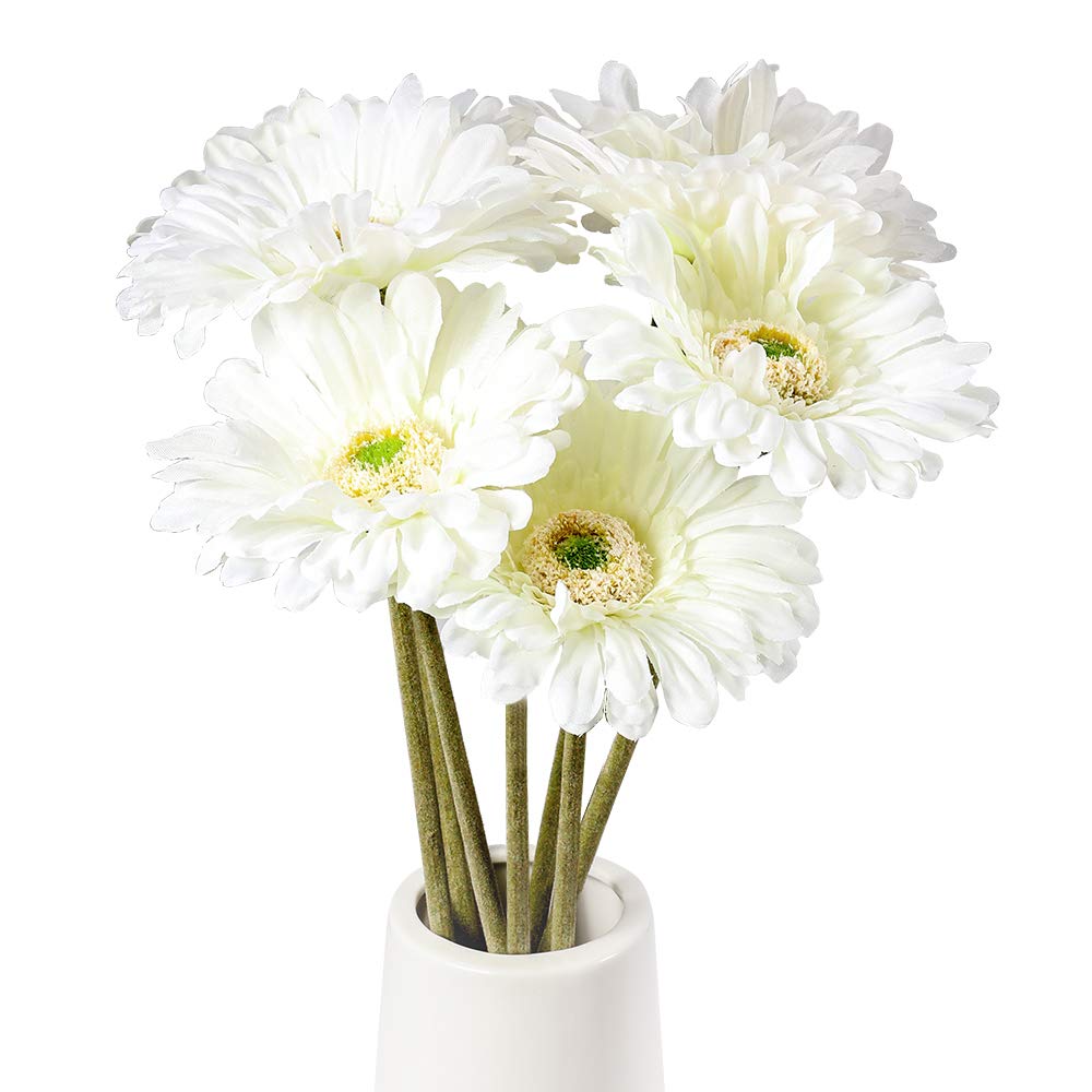 Flovewer 17 Inch Tall 7 Pcs Gerber Daisy Artificial Flower Bouquet Fake Silk Flowers for Handwork Wedding Party Home Garden Decoration(White)