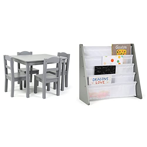 Humble Crew Kids Wood Table and 4 Chair Set, Grey & Grey/White Kids Book Rack Storage Bookshelf, 4 Tiers