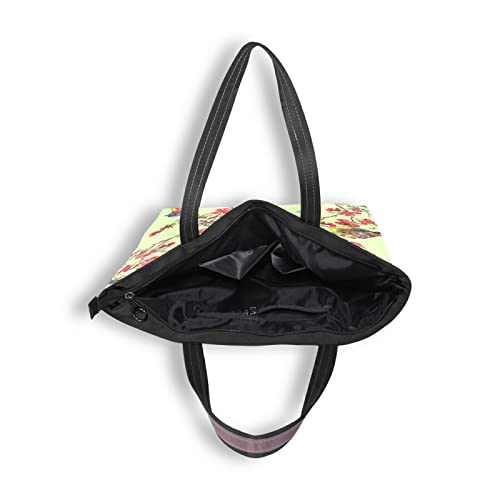 Flower Tote Bag with Zipper Long Handles Bird Floral Handbag Shoulder Bag