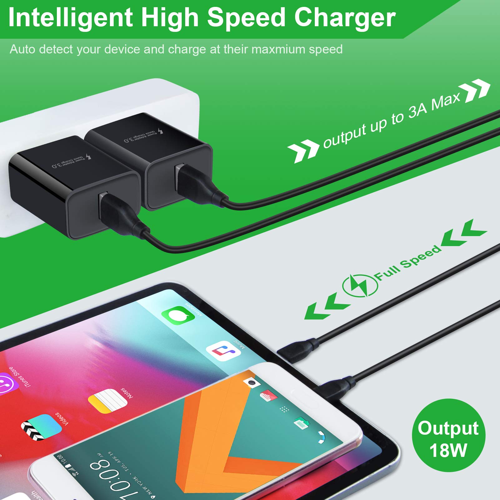 Quick Charge 3.0 Adaptive Fast Wall Charger Block 18W QC Fast Charging 3.0 USB Charger Adapter for Samsung Galaxy A16 A25 A35 S24 S23 A54 A14 A53 S22 S21 S20 Note 20 10 9 Z Flip 6 5 4 3 S10 S9 S8 A13