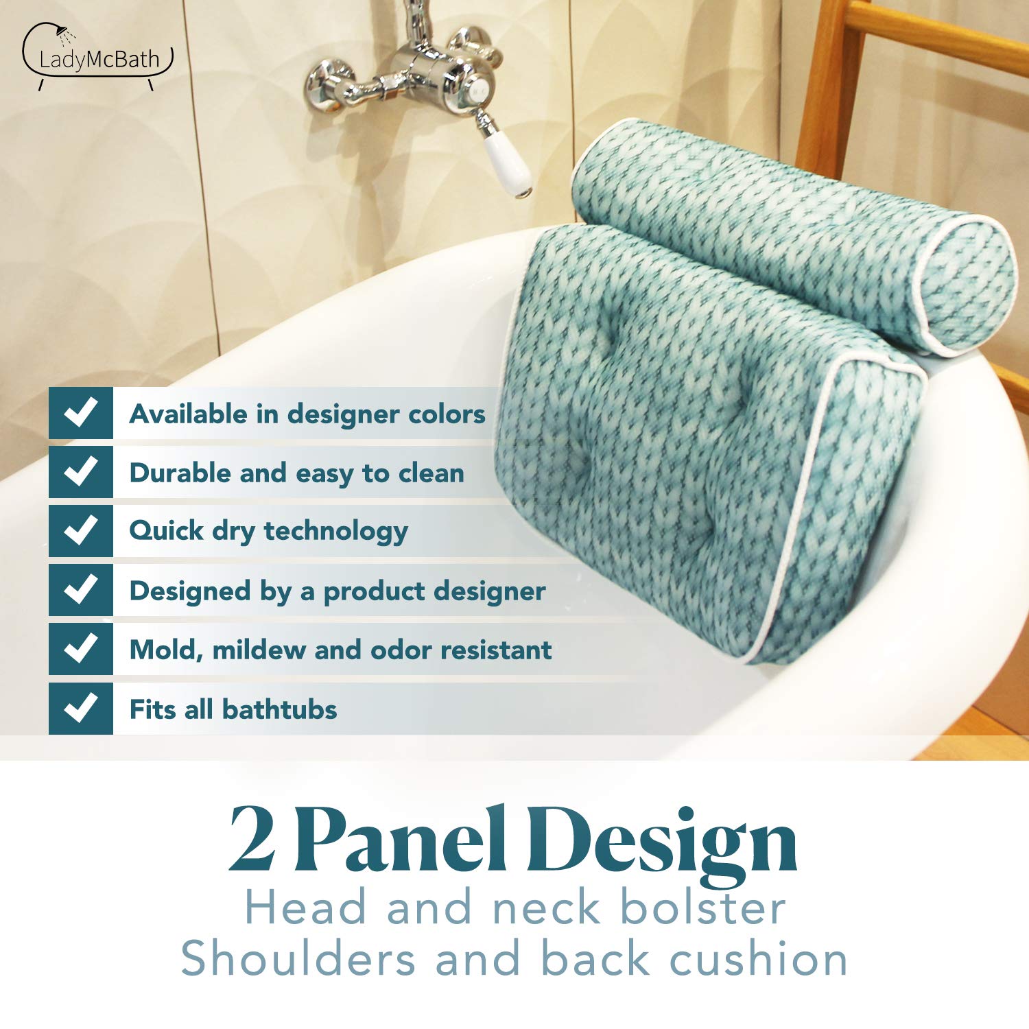 Lady McBath Bath Pillow - Luxury Bath Pillows for Tub Neck and Back Support - Powerful Suction Cups, Machine Washable Bathtub Accessory for Relaxation (Turquoise)