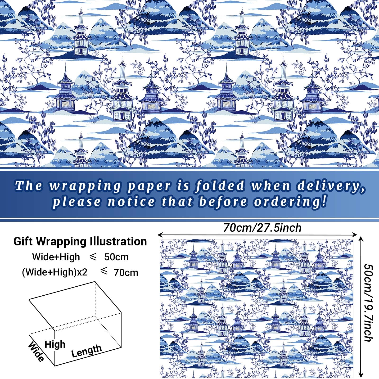 Bolsome 12 Sheets Blue White Chinoiserie Wrapping Paper Blue White Vintage Peony Floral Bird Fish Patterned Gift Wrap Paper for Wedding Bridal Shower Birthday DIY Craft