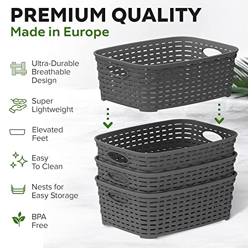European Made Plastic Storage Bins, Heaviest Duty, Household Organizers for Bathrooms, Bedrooms, Kitchens, Laundry Room, Cabinets, Shelves, 4 Pk, Dark Grey