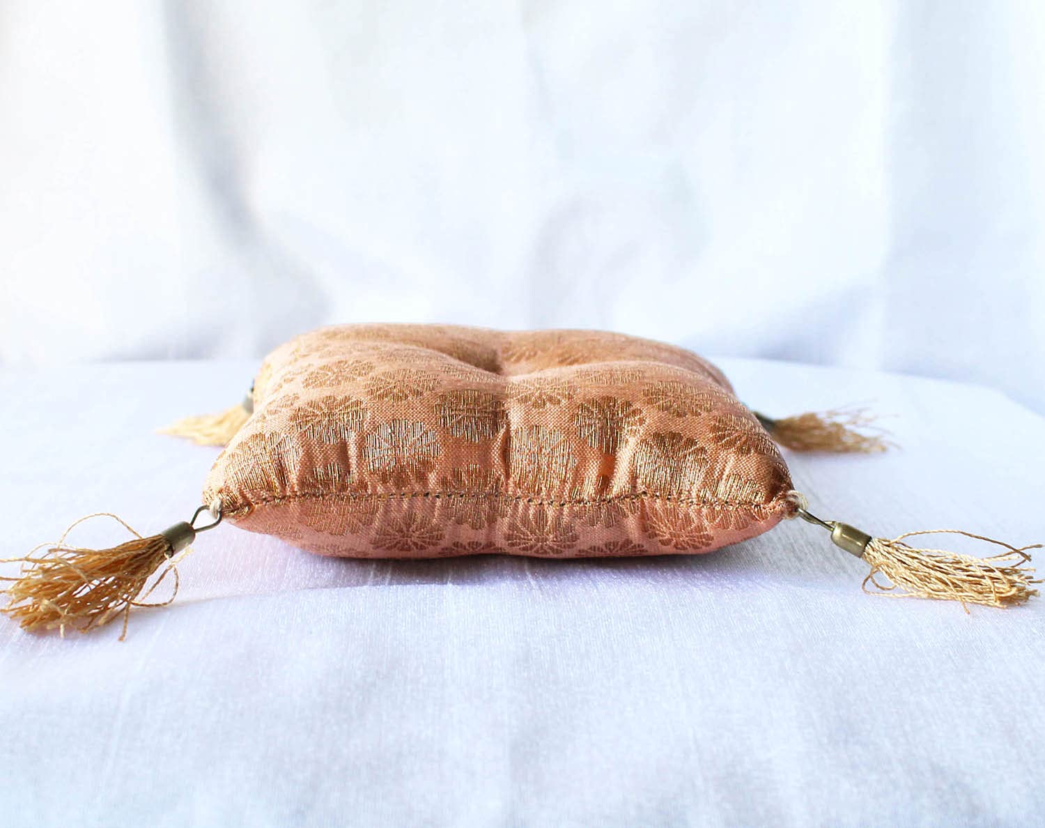 Cushion for Tibetan Singing Bowl Handmade Square Cushions Brocade Art Silk Home Decor Jewelry Display Pillow (10" x 10" Inch, Peach)