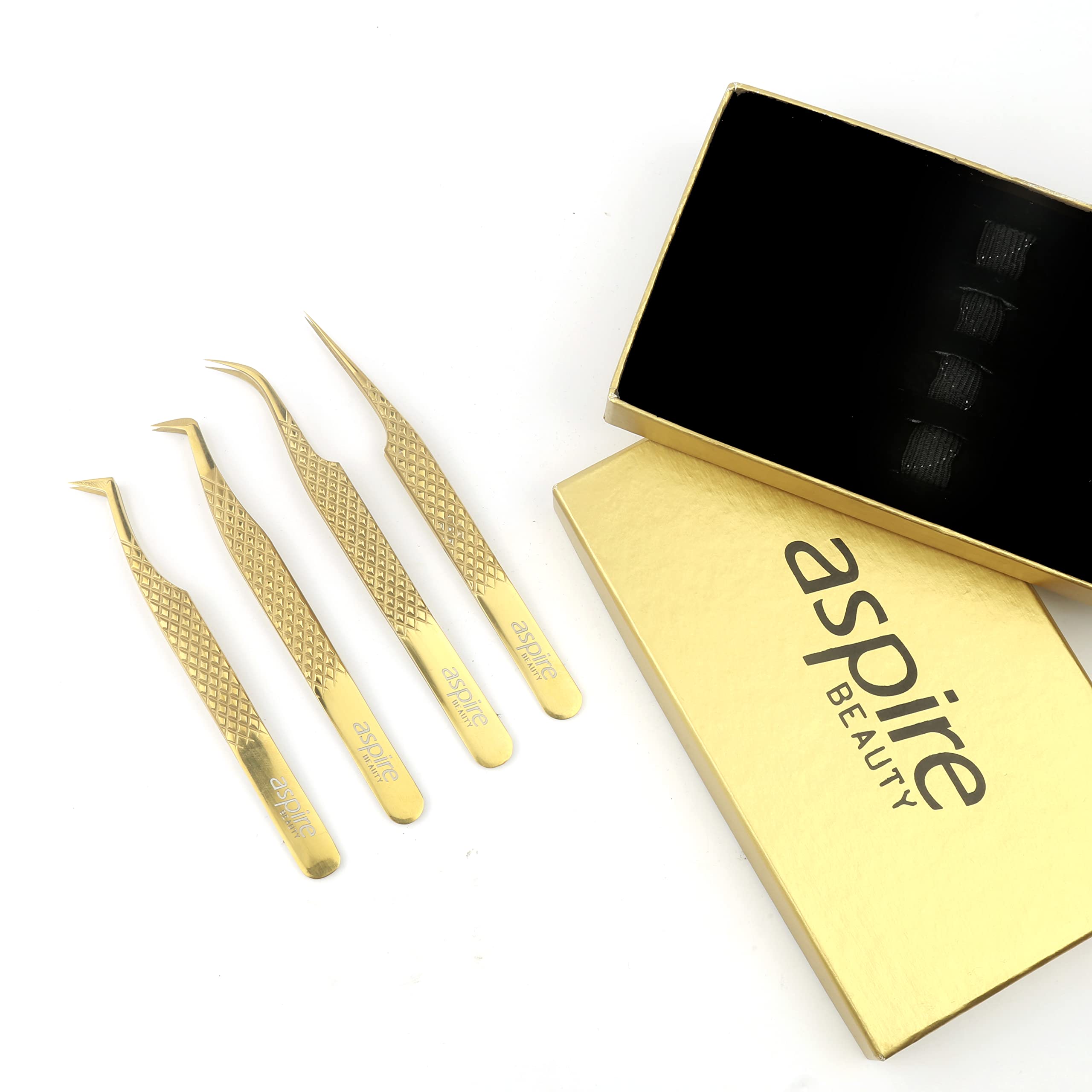 Aspire Beauty 4pc Precision Volume And Straight Eyelash Extension Tweezer Set With Diamond Grip- Made By Japanese Stainless Add To Your Lash Kit(gold)