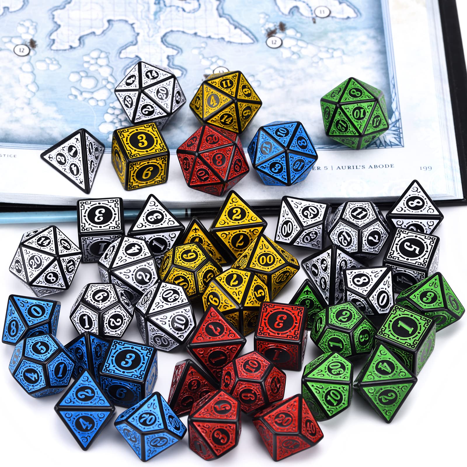 Amiven Polyhedral Engraved Dice 6 X 7-Die (42pcs) with a Bag for Tabletop Games