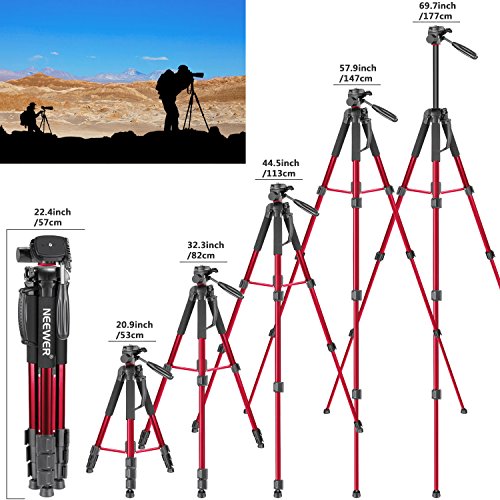 NEEWER Portable Aluminum Alloy Camera 2 in 1 Tripod Monopod Max. 70"/177cm with 3 Way Swivel Pan Head and Carrying Bag for DSLR, DV Video Camcorder (SAB264, Red)