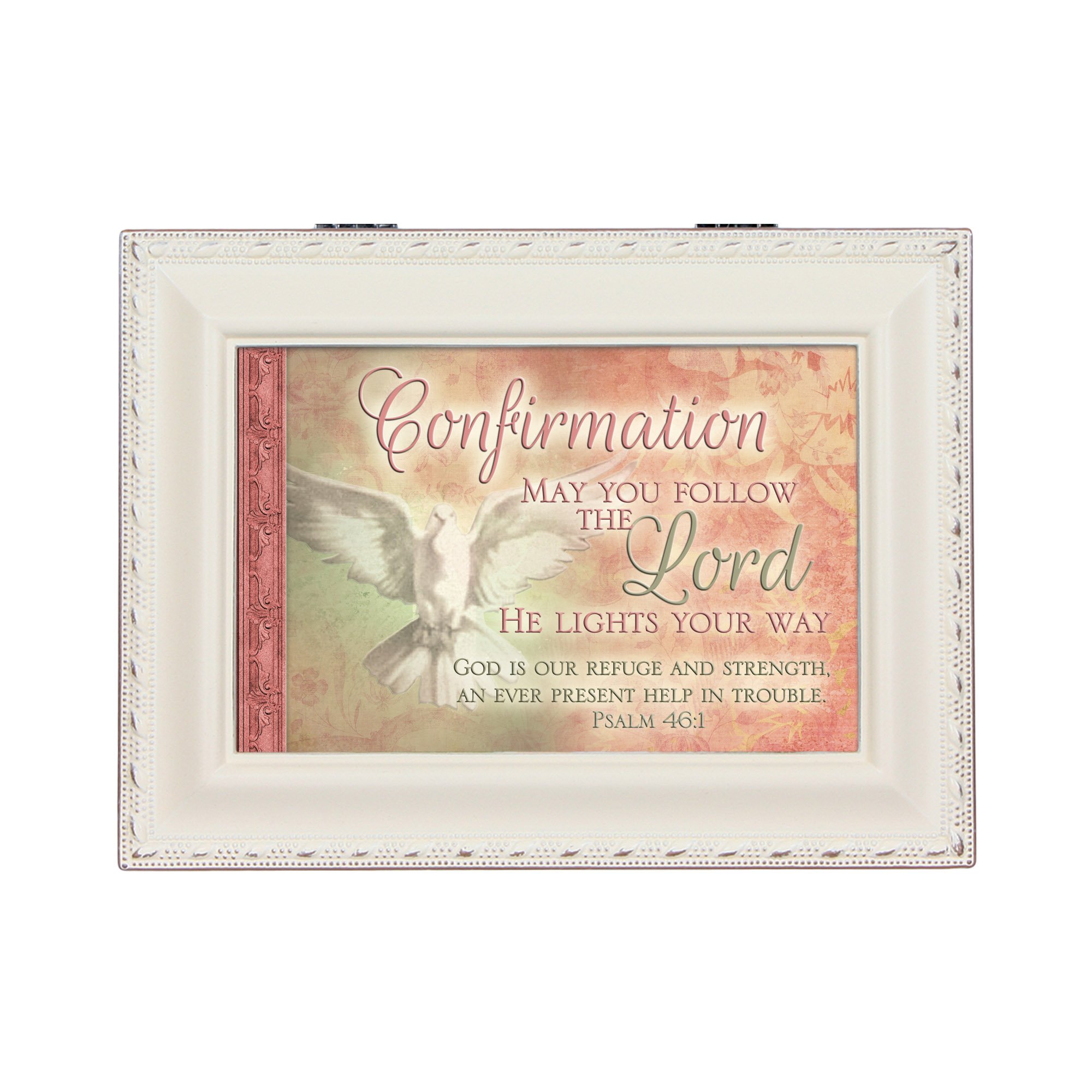 Confirmation May You Follow the Lord Ivory Rope Trim Jewelry Music Box Plays Ave Maria