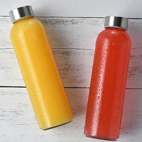 glass bottles 6 Pack 18oz - Includes 6 Sleeves (COLORS MAY VARY) - glass drinking bottles for Beverage and Juice - water bottle glass with stainless Steel Caps with - Leak-Proof Lid