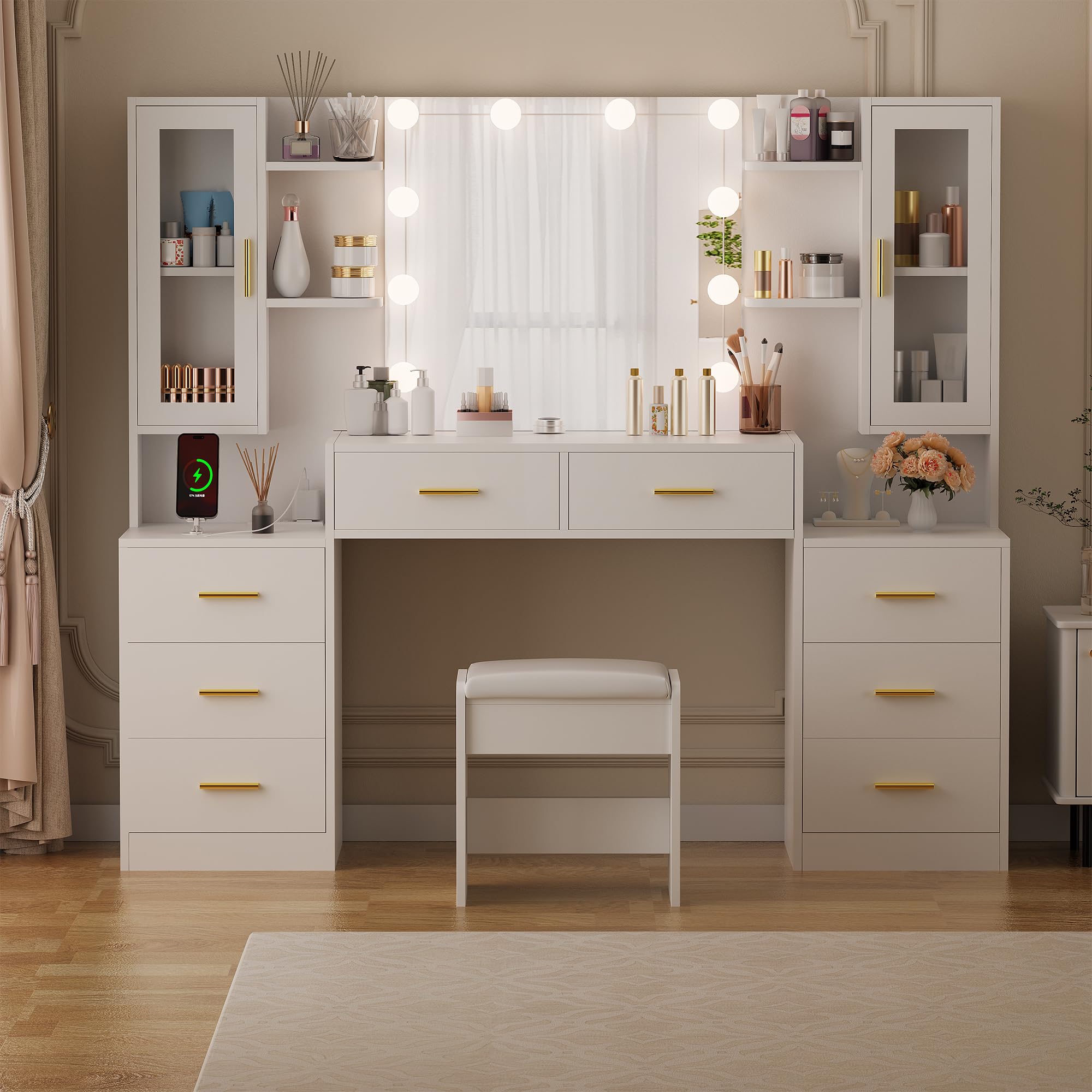 ANWBROAD 59.1" Large Vanity Desk Table with Mirror & Lights White Makeup Vanity with Power Outlet and 8 Drawers 2 Cabinets 3 Lighting Modes Adjustable Vanity Table for Bedroom Dressing Room UBDT67W
