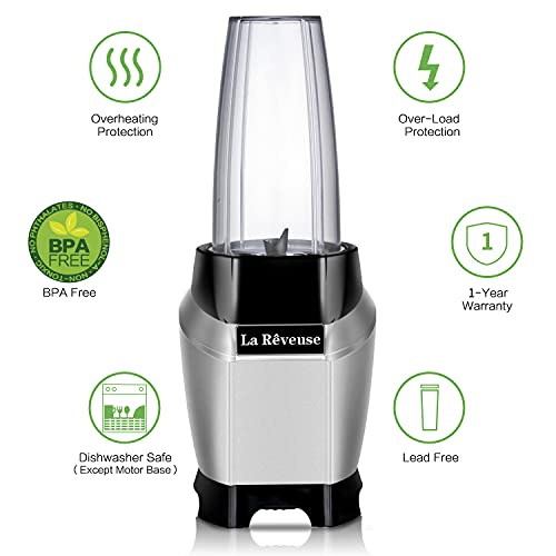 La Reveuse Personal Blender Making Shakes and Smoothies 1000 Watt with 24 oz BPA-free Portable Travel Bottle - Dishwasher Safe (Silver)