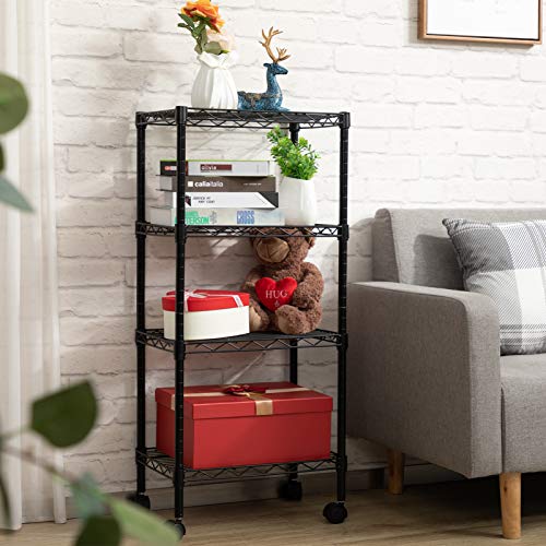 MATICO 4-Shelf Adjustable Steel Storage Shelf Unit with Wheels, Heavy Duty Metal Shelving Rack for Space Saving, Black