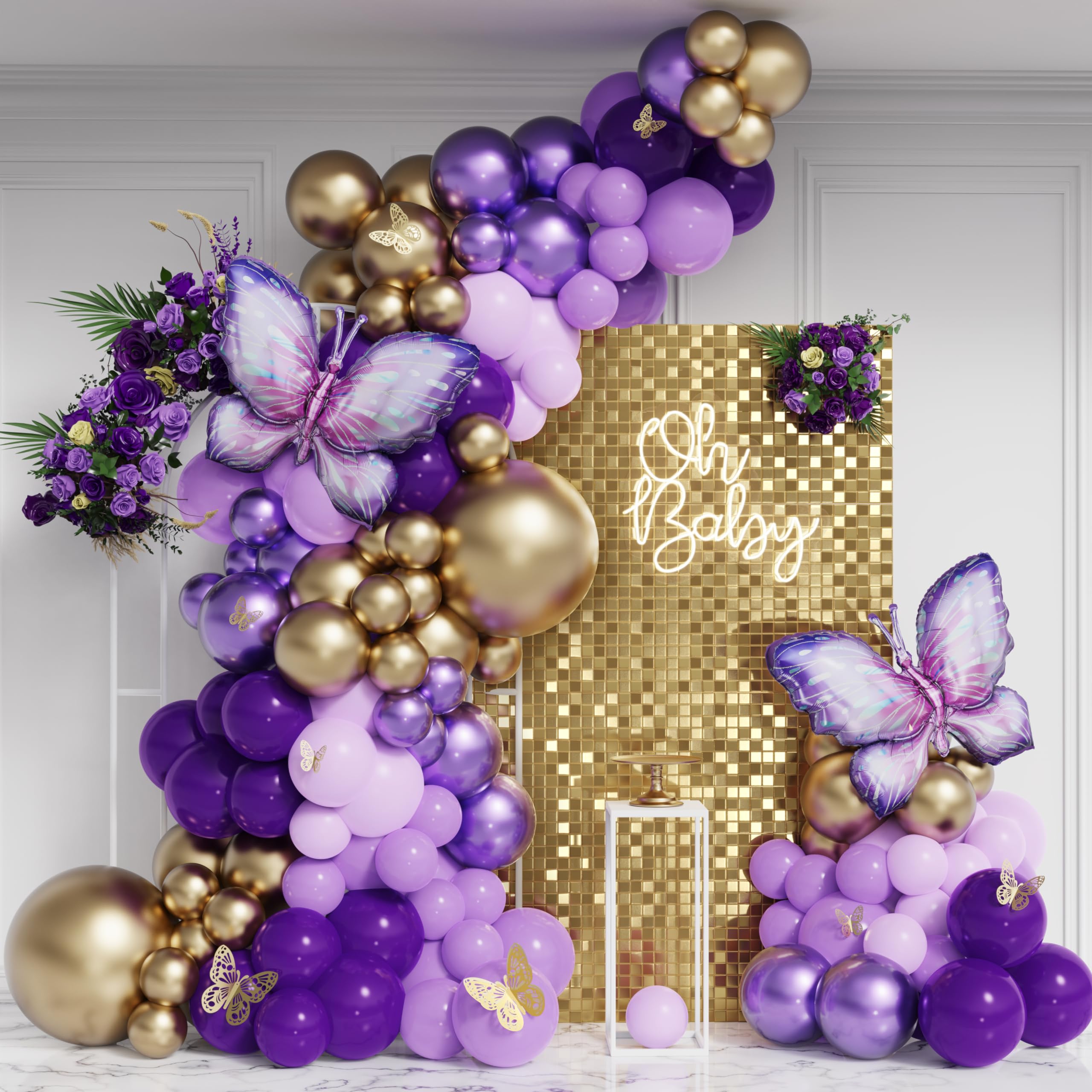 Enanal Purple Butterfly Balloon Garland Arch Kit, 158pcs Purple Chrome Gold Balloons with Butterfly Foil Balloons for Girl Birthday Baby Shower Party Supplies Bridal Shower Wedding Decoration (Purple)