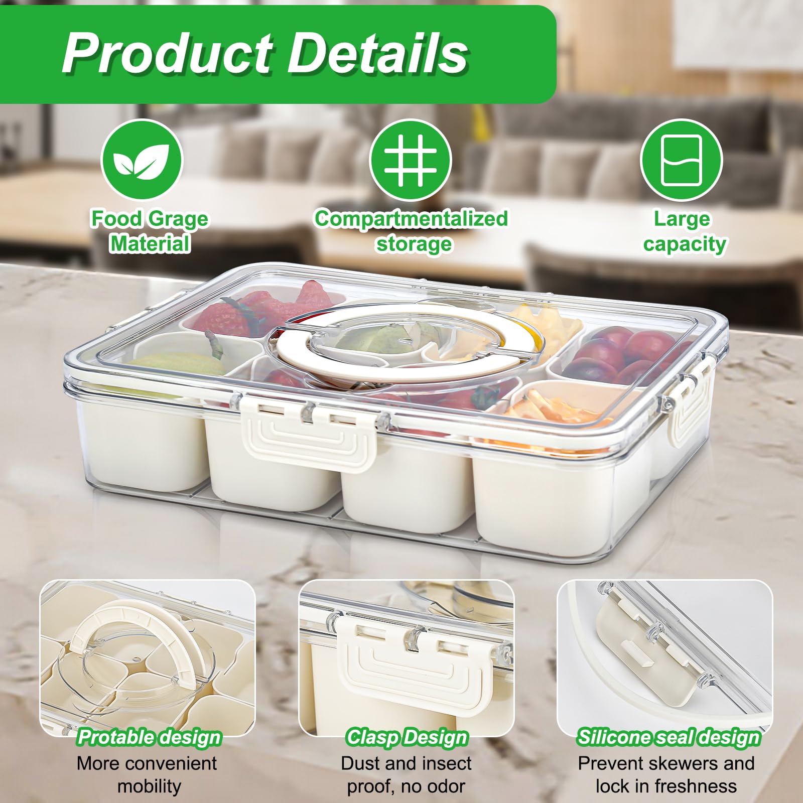 Divided Serving Tray Snack Platter Container with Lid & Handle, 8 Compartments Portable Food Fresh-Keeping Storage Box Vegetable Organizer for Refrigerator Perfect for Party & Picnic