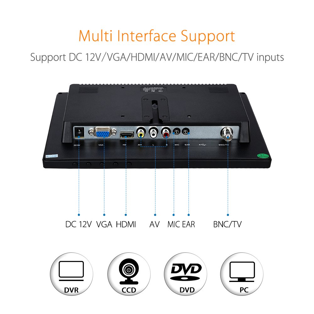 Eyoyo 10 Inch IPS LCD Monitor 1280x800 Resolution Support HDMI VGA BNC AV Input for PC TV Security Display(10 inch)
