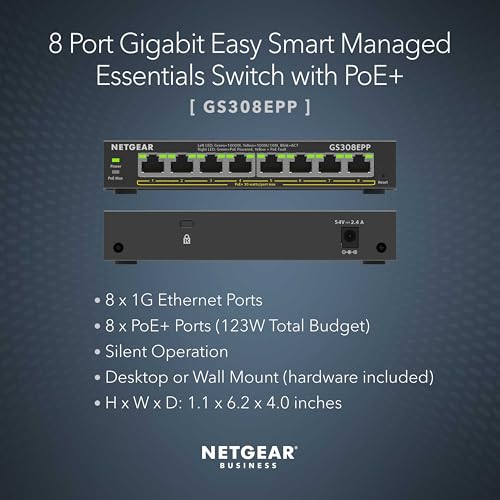 NETGEAR 8 Port PoE Gigabit Ethernet Plus Switch (GS308EPP) - with 8 x PoE+ @ 123W, Desktop or Wall Mount