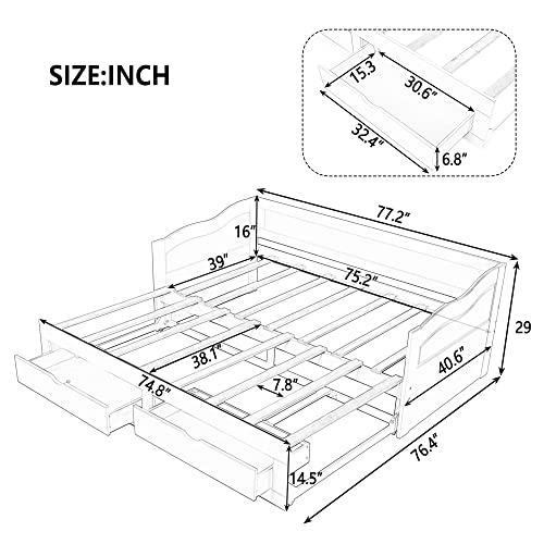 Bellemave Daybed with Drawers Twin Size Wood Daybed with Storage Extendable Twin to King Extending Daybed for Kids Teens Adults, No Box Spring Required, Espresso