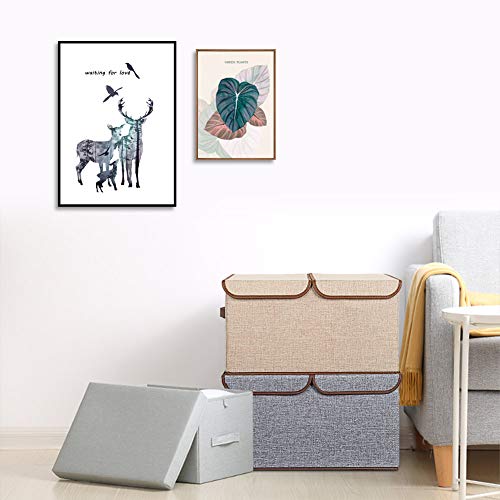 UUJOLY Large Storage Bins Linen Fabric Foldable Basket Cubes Organizer Storage Box Drawer with Lid and Handles for Home, Office, Closet, Bedroom, Nursery (Gray)