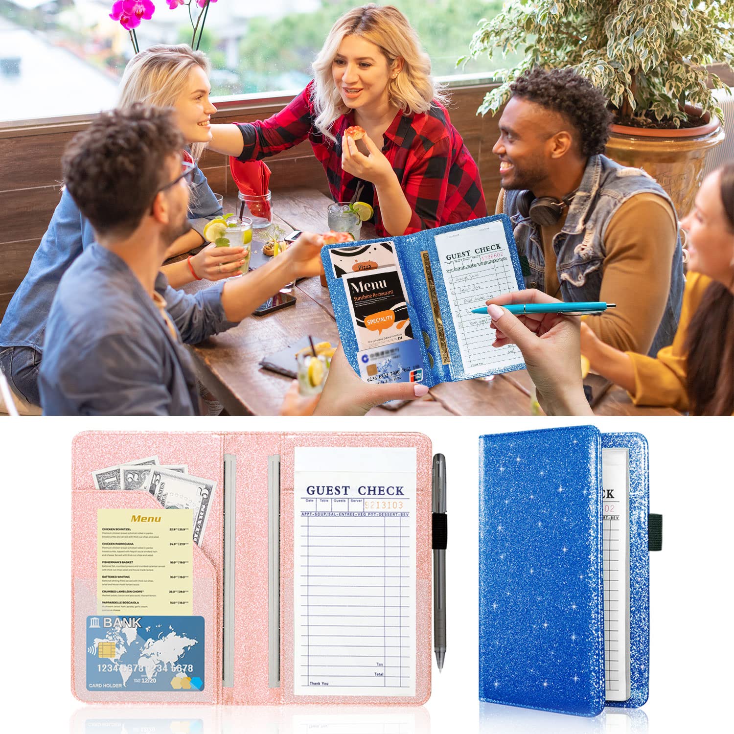 ACdream Server Books for Waitress, Guest Book Note Pad, Cute Pocket Leather Money Organizer Wallet, Cash Check Bill Receipt Holder Presenter, Waiter Accessories Fit Server Apron
