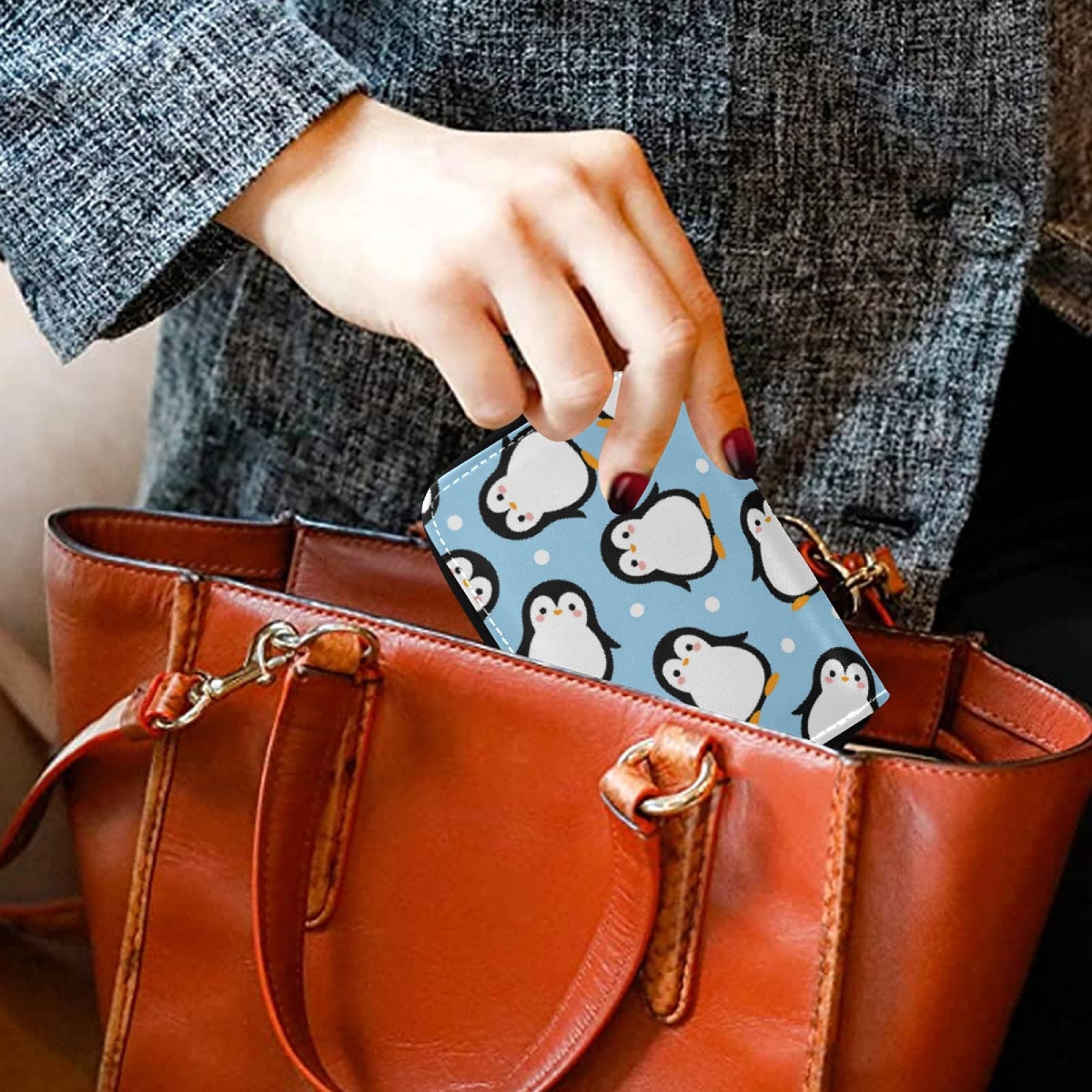 Cute Penguins Seamless Credit Card Coin wallet, RFID Blocking Compact Women Leather Card Holder, Key Change Organizer, Zipper Purse Clutch Pouch Pocket