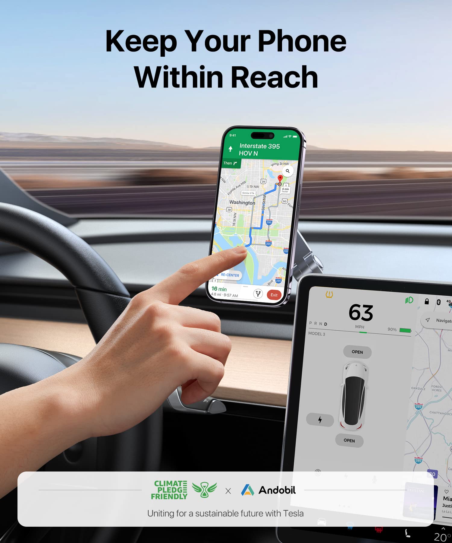 andobil Tesla Phone Mount for Model 3 Model Y [Powerful Magnet, No Residue Adhesive] Stable Tesla Magsafe Phone Holder, Tesla Model 3 Accessories, Tesla Model Y Accessories 2024, Fits for iPhone & All