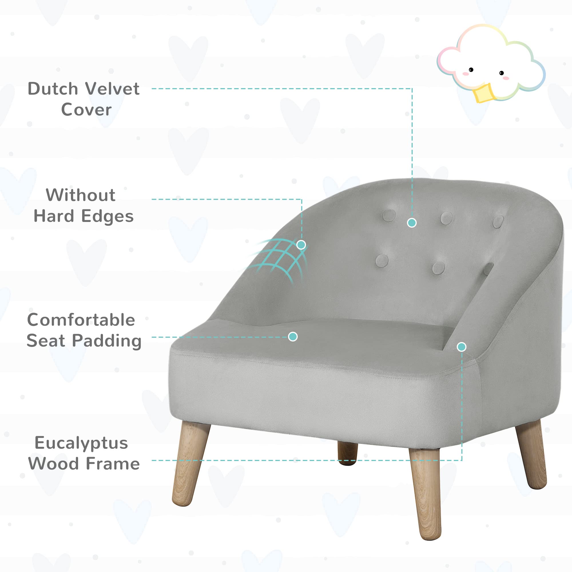 Qaba Kids Sofa Set, Toddler Chair, Sofa & Ottoman for Bedroom, Playroom, Children's Couch for 3-5 Years, Grey