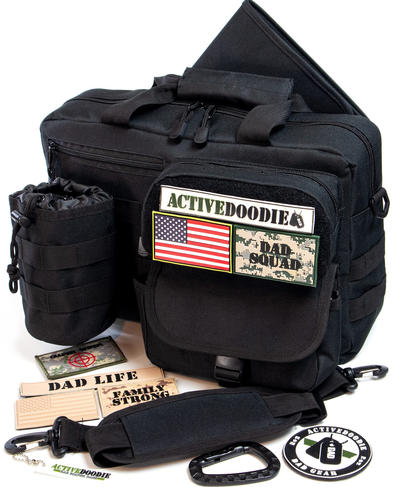 ActiveDoodie Dad Diaper Bag Messenger Combo with Changing Pad, Removable Molle Bottle Holder, Black with 8 Morale Patches