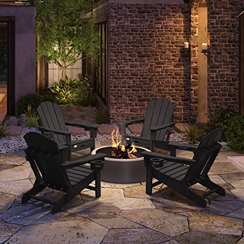 Mdeam Folding Adirondack Chair Lawn Outdoor Fire Pit Chairs Weather Resistant with 2 Cup Holder/Adirondack Retractable Ottoman(Black)