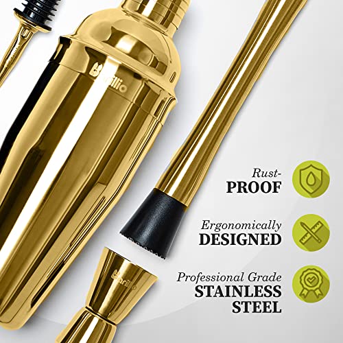 Gold Mixology Bartender Kit Cocktail Shaker Set by Barillio: Drink Mixer Set with Bar Tools, Bamboo Stand Cocktail Mixer Liquor Pourers Mojito Muddler Mixing Spoon Jigger Recipes Booklet