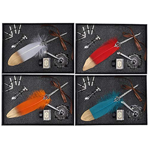 GLOGLOW Feather Pen Set, Vintage Calligraphy Writing Pen Kit with 5pcs Replacement Nib, Seal, Empty Ink Bottle for Office Stationery(Red)