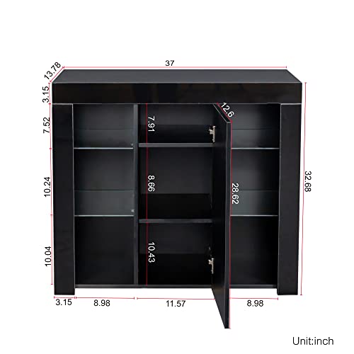 BUTURCAR Kitchen Buffet Storage Cabinet, Modern Dining Room Sideboard Cabinet, Hallway Living Room Display Cabinet - Black High Gloss Buffet Cabinet with Storage, Door, and LED Light