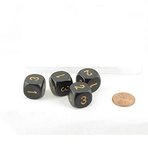 Black Opaque Dice with Gold Numbers D3 (D6 1-3 Twice) 16mm (5/8in) Pack of 4 Wondertrail