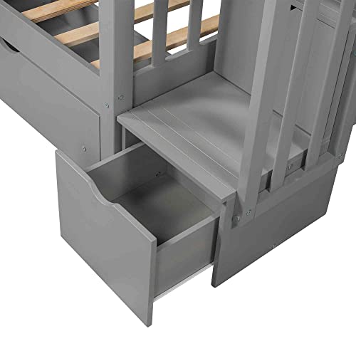 Cotoala Full Over Full Bunk Bed with Stairs and 6 Storage Drawers, Wooden Bunkbed w/ 3 Shelves, No Box Spring Needed, Perfect for Bedroom, Grey