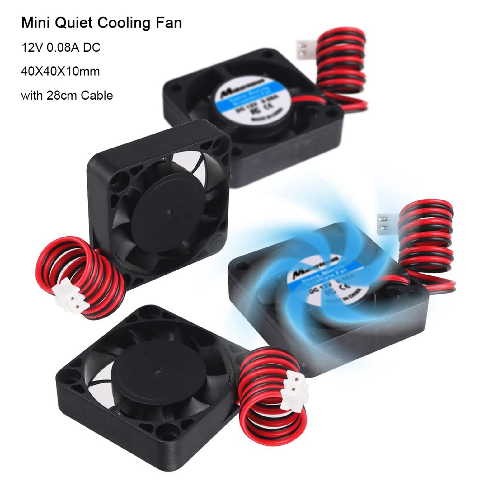 MakerFocus 4pcs 3D Printer Fan 12V, 40mm 12 Volt Fan 0.08A DC Mini Quiet Cooling Fan 40X40X10mm with 28cm Cable for 3D Printer, DVR and Other Small Appliances Series Repair Replacement