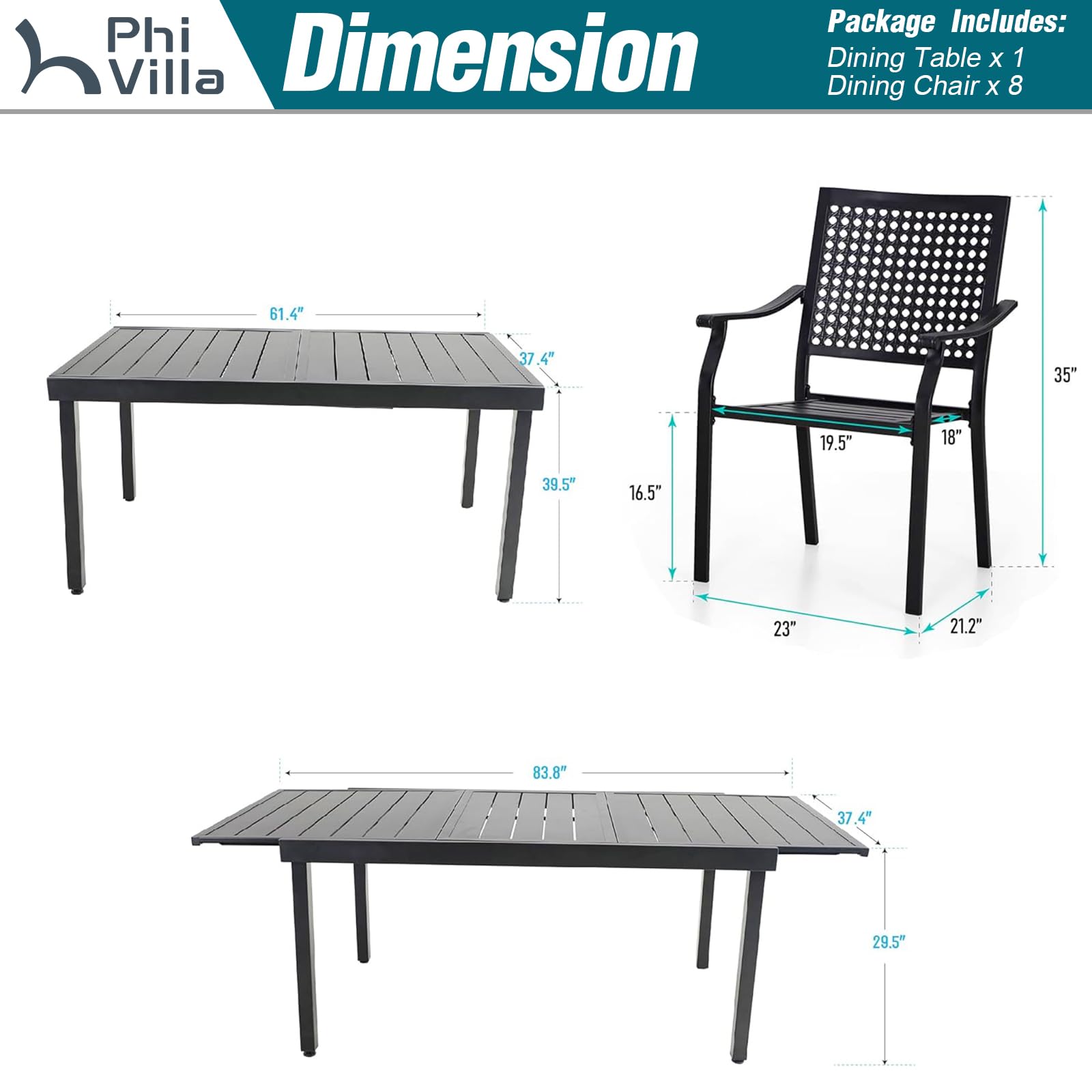 PHI VILLA Outdoor Patio Dining Table and Chairs Set of 9 Pieces Patio Furniture Set Metal Expandable Dining Table 8 Wrought Iron Stackable Chairs for Bistro Backyard