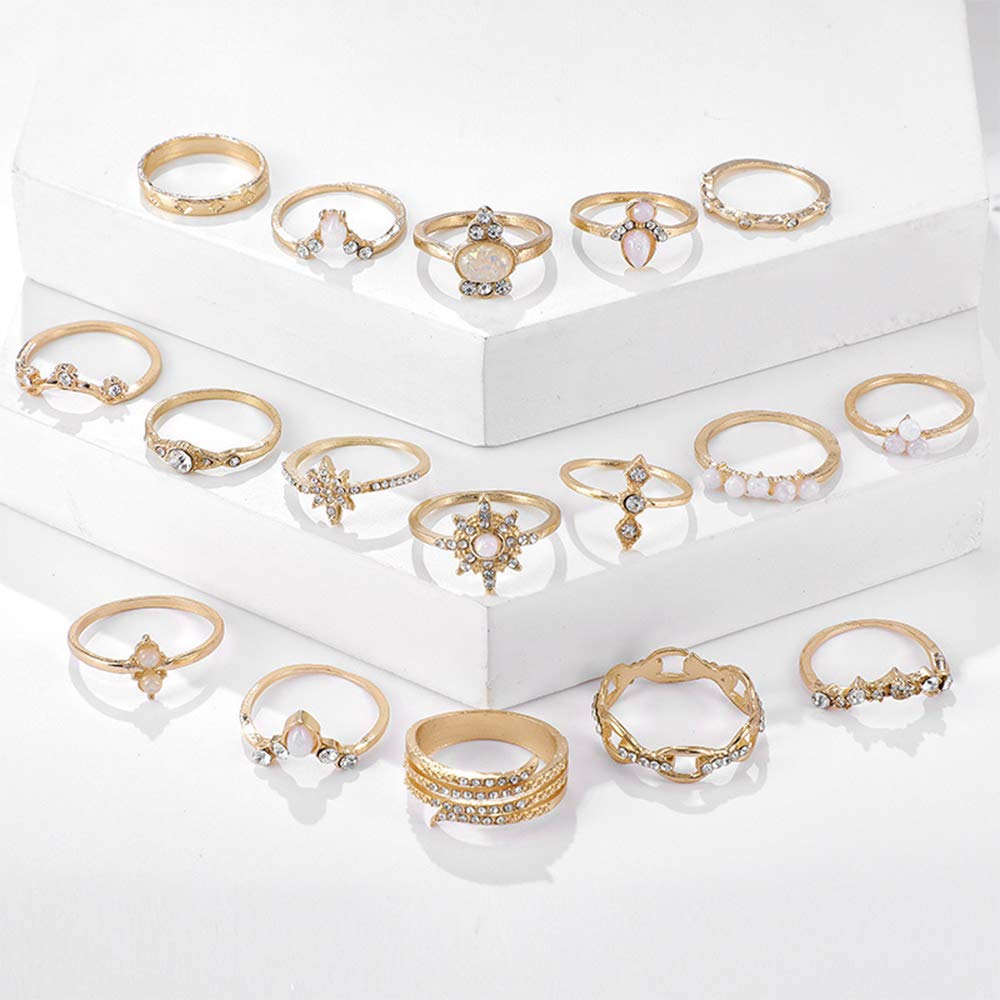Aimimier 17 Pcs Bohemian Stackable Joint Knuckle Ring Set Crystal Opal Genstone Sun Star Finger Ring Diamond-studded Midi Rings for Women