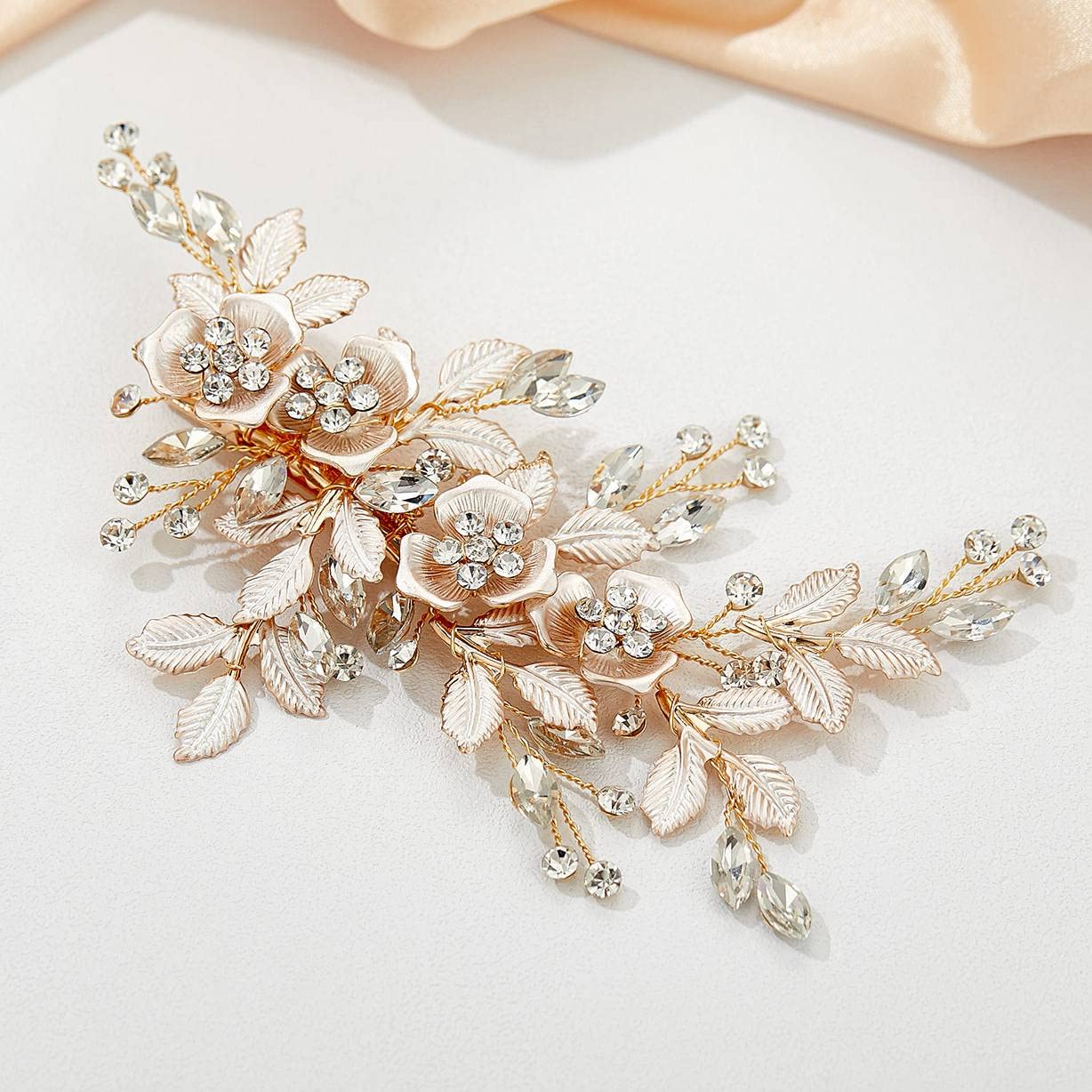 SWEETV Light Rose Gold Wedding Clip Rhinestone Bridal Comb Barrette - Handmade Flower Clip Head Pieces for Women