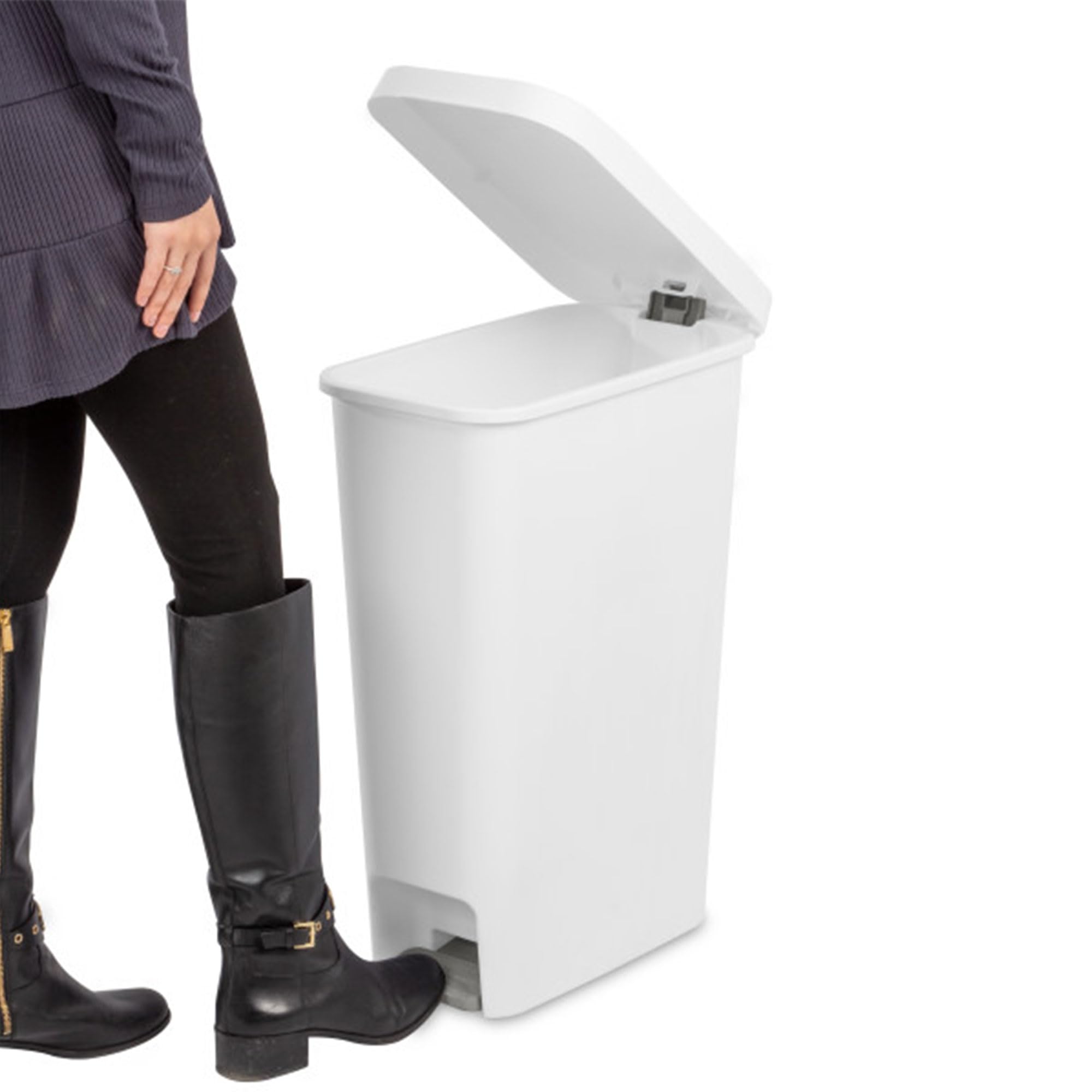 Sterilite 11 Gallon Slim Narrow StepOn Hands Free Portable Kitchen Wastebasket Trash Can Garbage Bin Container with Oversized Lid, White (4 Pack)