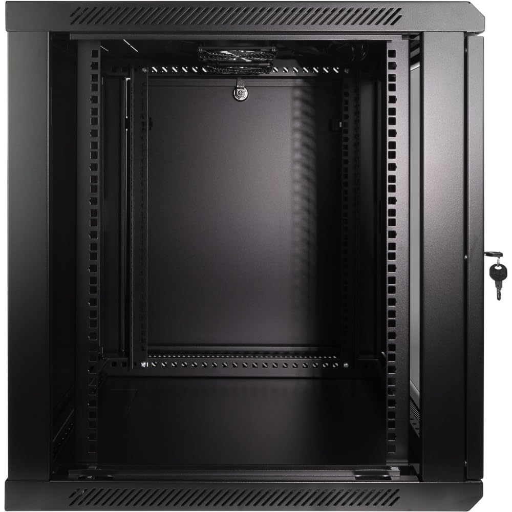NavePoint 12U Server Rack Enclosure - 23.6β Deep, 12U Wall Mount Network Cabinet with Locking Glass Door for 19β IT Equipment, 12U Network Rack with 2 Fans, Removable Side Panels, Black