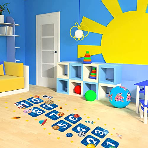 IARTTOP Funny Astronaut Number Hopscotch Decals,Outer Space Floor Stickers,Cartoon Starry DIY Digital Planet Rocket Game Decal for Nursery Kid Room Decor,Children's Floor Tile Sticker
