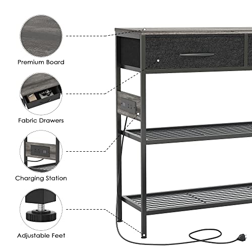 COTUBLR Console Table with Drawers and Outlets, Entryway Table with Storage Shelves, 39 inch Narrow Sofa Table for Living Room, Entry Table for Entryway, Hallway, Living Room Furniture, Grey Oak