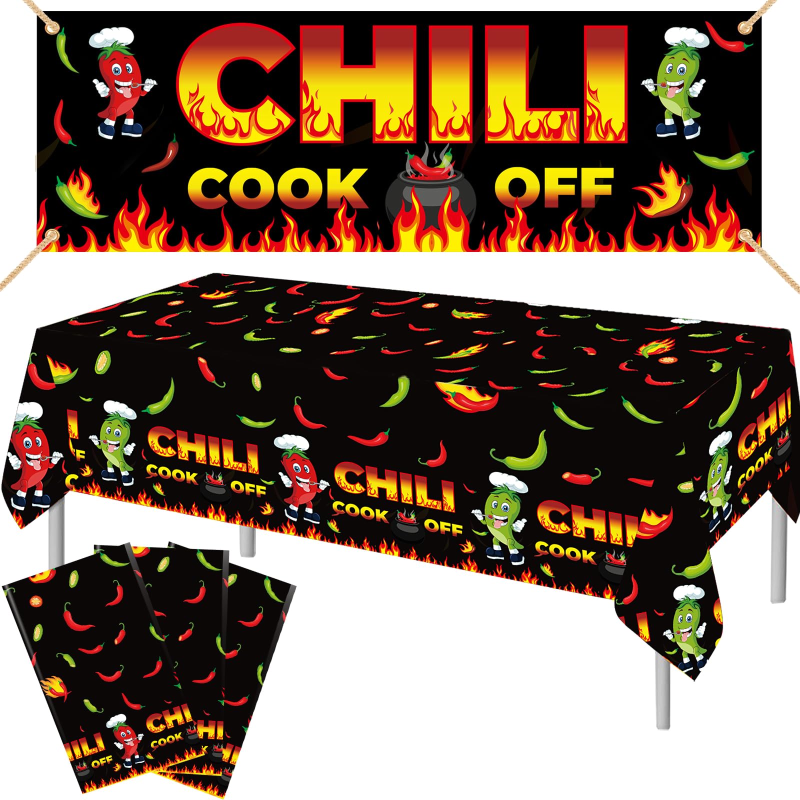 Tkifoda Chili Cook Off Decorations, 71" x 24" Chili Cook Off Banner, 3 Pcs Chili Pepper Plastic Tablecloth Table Cover 53" x 108", Mexican Fiesta Chili Cooking Party Supplies